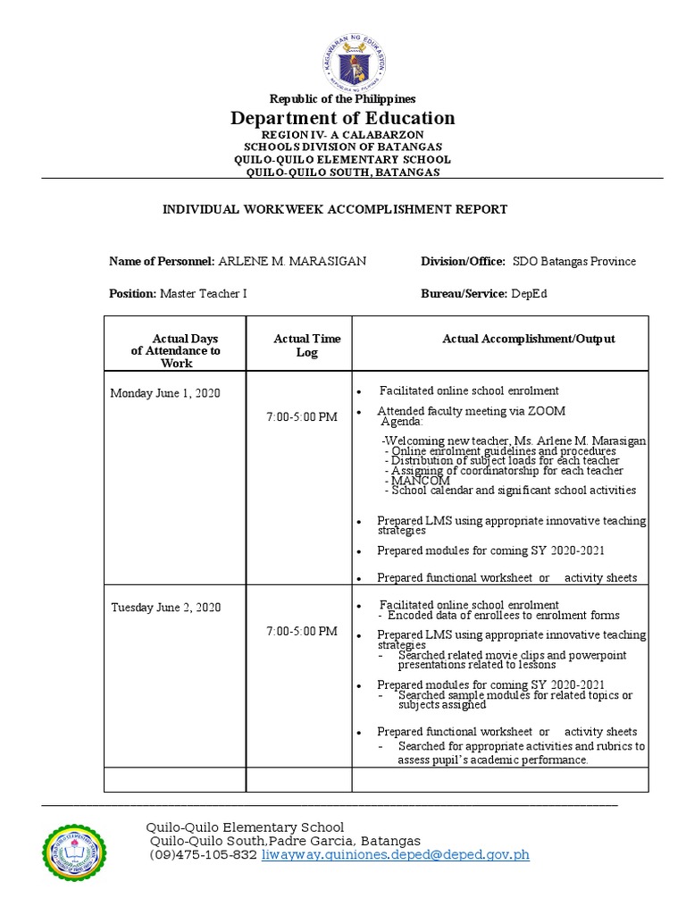 AMM INDIVIDUAL WORKWEEK ACCOMPLISHMENT REPORT June 1-3 | PDF | Cognition | Behavior Modification