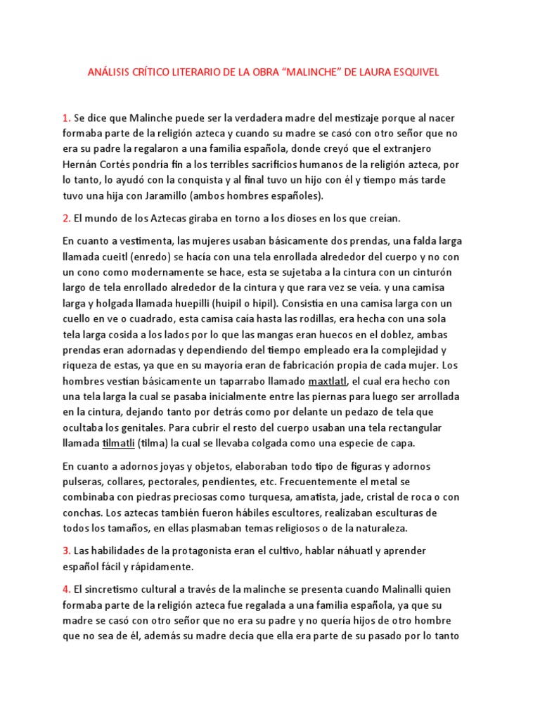 Análisis Crítico Literario de La Obra Malinche | PDF | azteca | Ropa