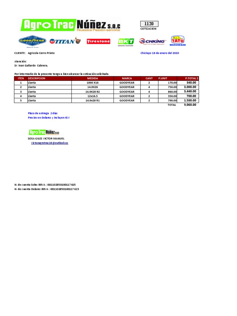Cotizacion - Agricola Cerro Prieto | PDF