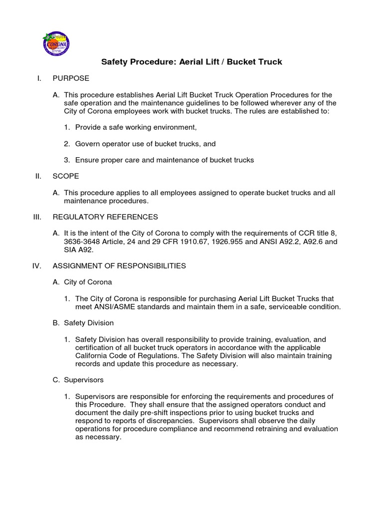 Safety Procedure: Aerial Lift / Bucket Truck | PDF | Insulator ...