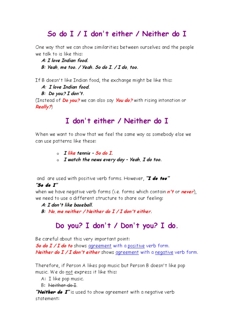 Too-Either-So Am I-Neither Do I | PDF | Verb | Onomastics