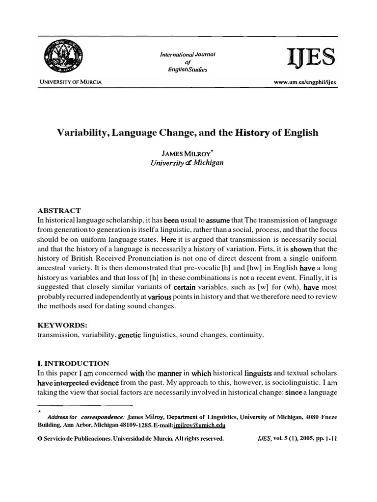 Variability, Language Change, and The History of English: James Milroy ...