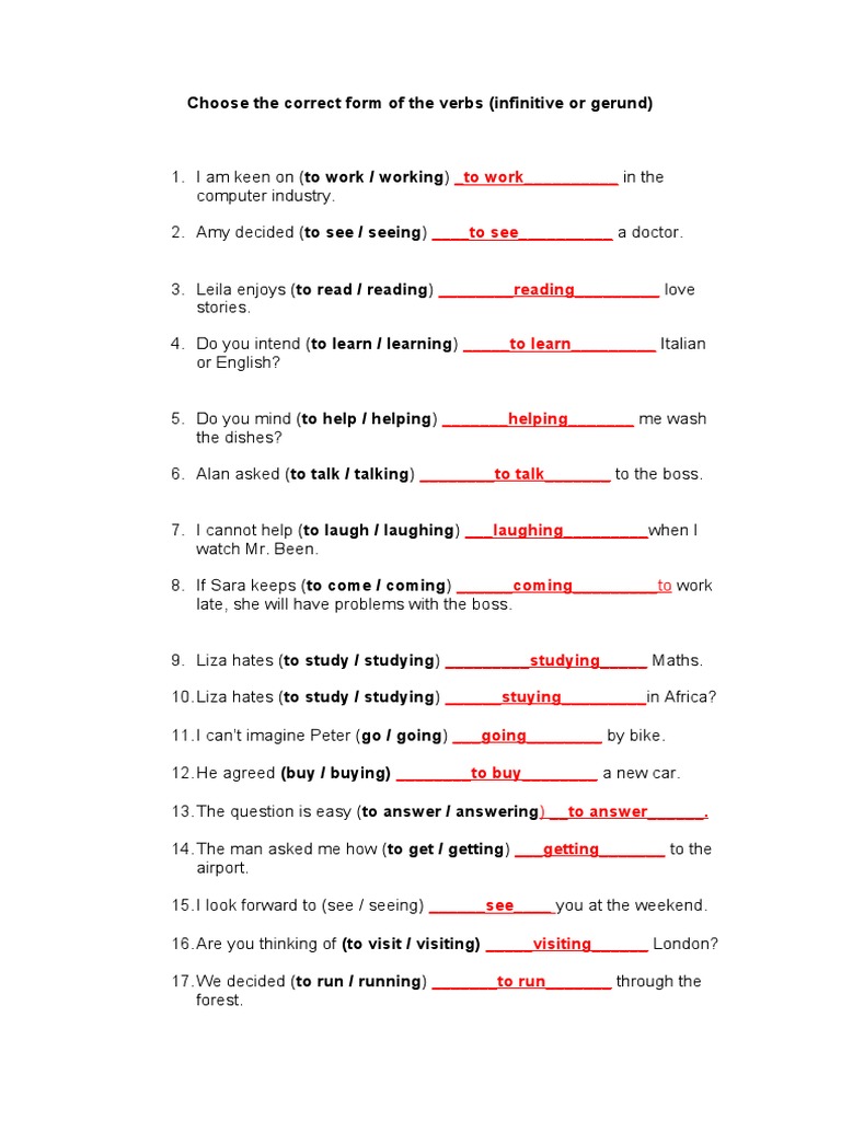 Infinitive vs. Gerund Verb Forms Quiz | PDF | Language Arts ...