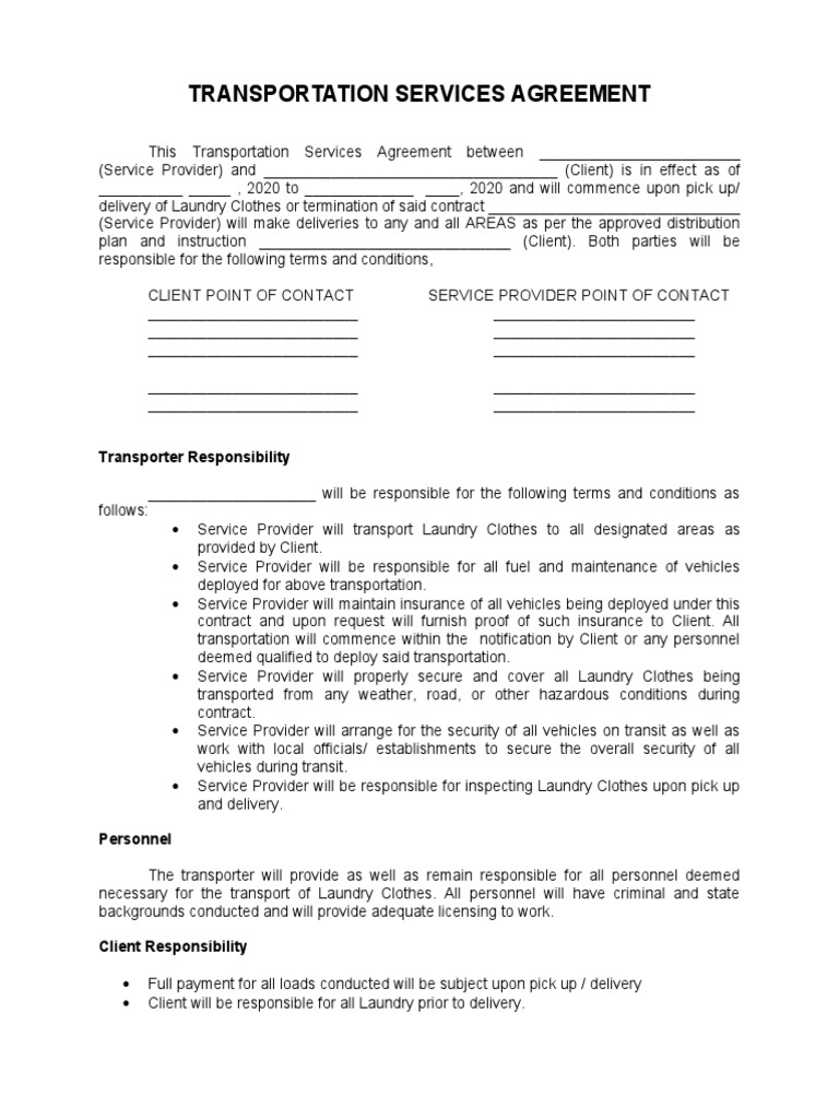 Transportation Services Agreement: Transporter Responsibility | PDF ...