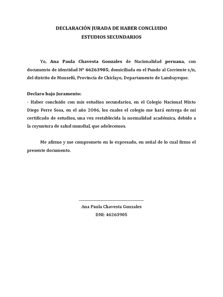 Declaración Jurada de Haber Concluido | PDF