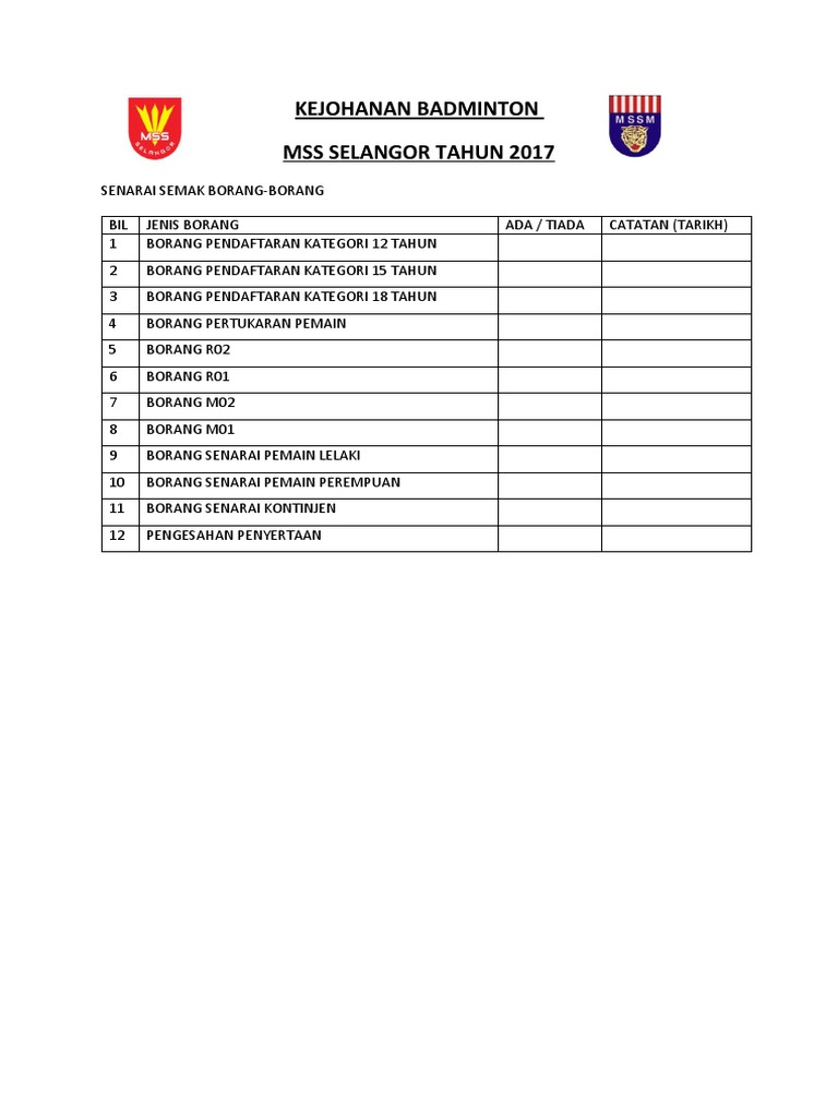 MSS Selangor Badminton 2017 Form Checklist | PDF