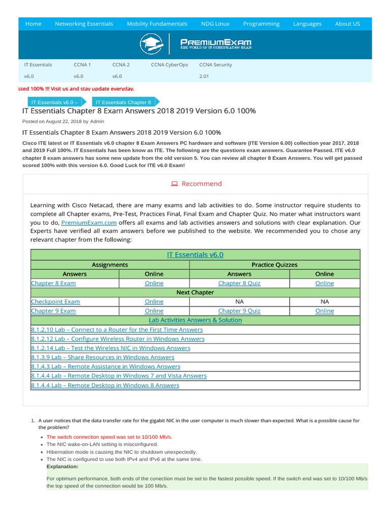 IT Essentials Chapter 8 Exam Answers 2018 2019 Version 6.0 100% IT ...