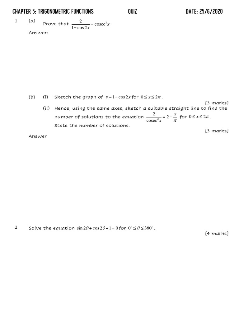 Chapter 5: Trigonometric Functions Quiz Date: 25/6/2020: 2 Cosec 1 Cos ...