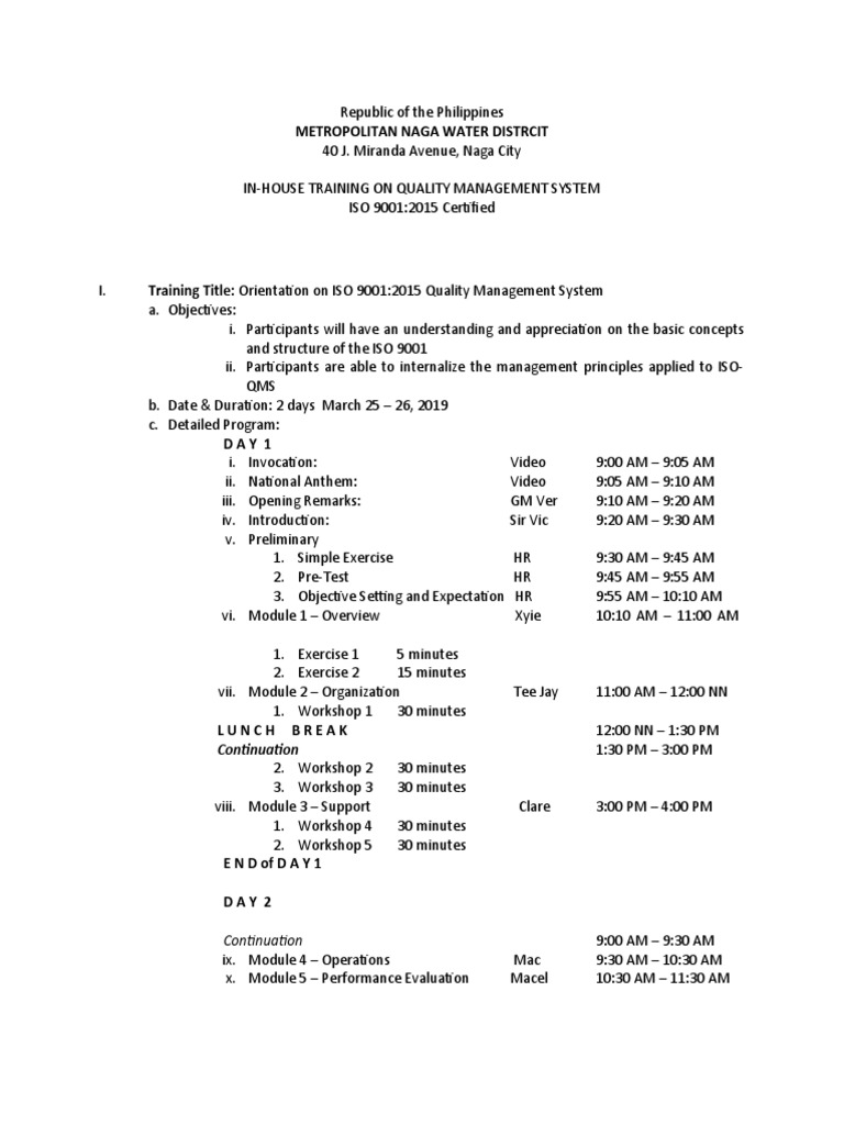 Detailed Training Program | PDF | Quality Management | Quality ...