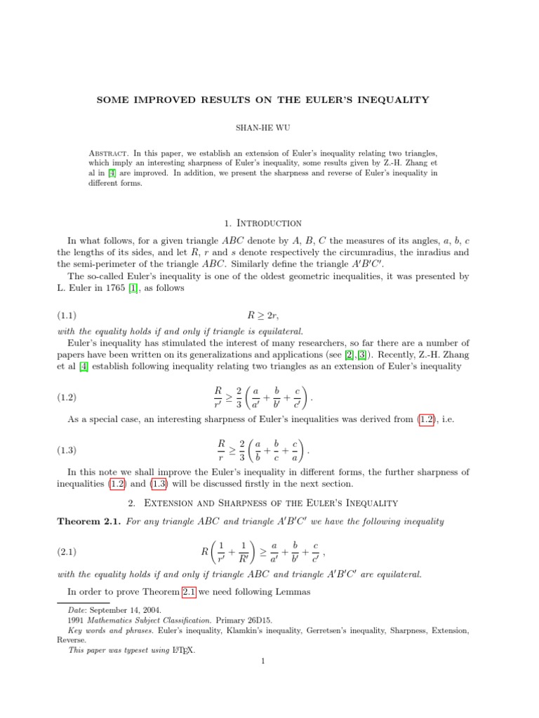 Advanced Euler's Inequality Analysis | PDF | Triangle Geometry | Triangle