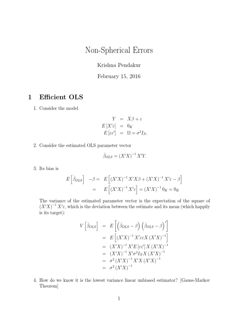 Non-Spherical Errors: 1 Efficient OLS | PDF | Ordinary Least Squares ...