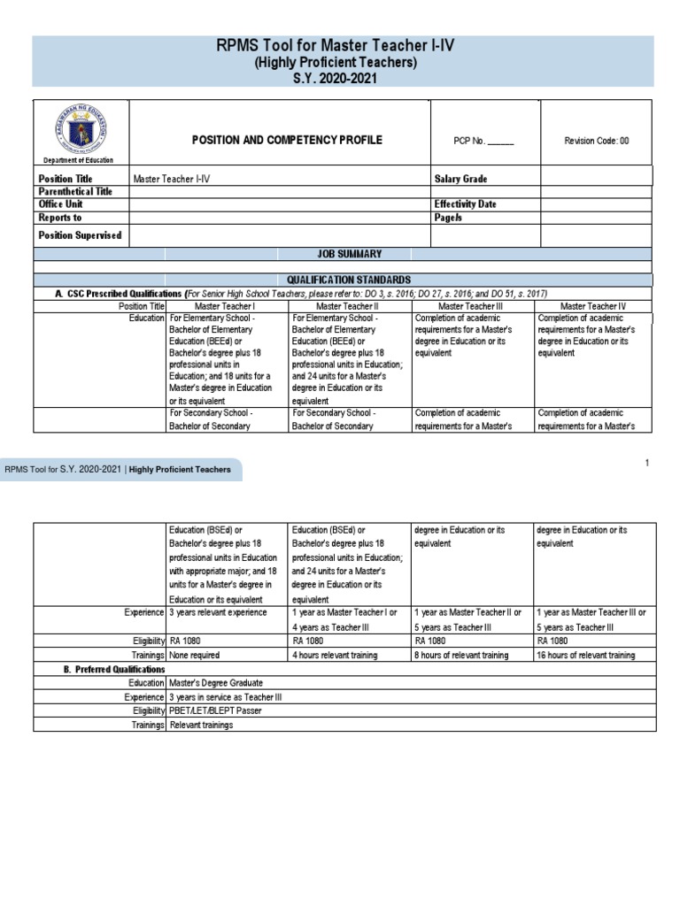 RPMS Tool SY 2020-2021 For Highly Proficient Teacher | PDF | Teachers ...