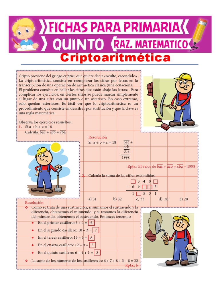 Ejercicios de Criptoaritmética para Quinto de Primaria | PDF | Sustracción | Números