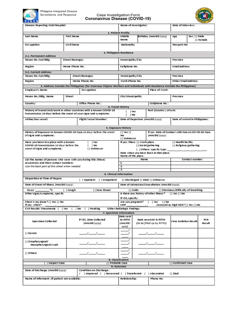 Coronavirus Disease (COVID-19) : Case Investigation Form | PDF | Common Cold | Clinical Medicine