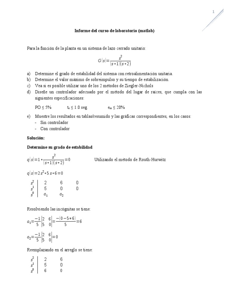 Practica de Matlab Diseño de Controladores Umss | PDF | Análisis matemático | Matemáticas Aplicadas