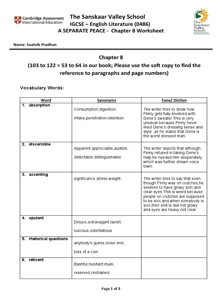 The Sanskaar Valley School: IGCSE - English Literature (0486) A ...