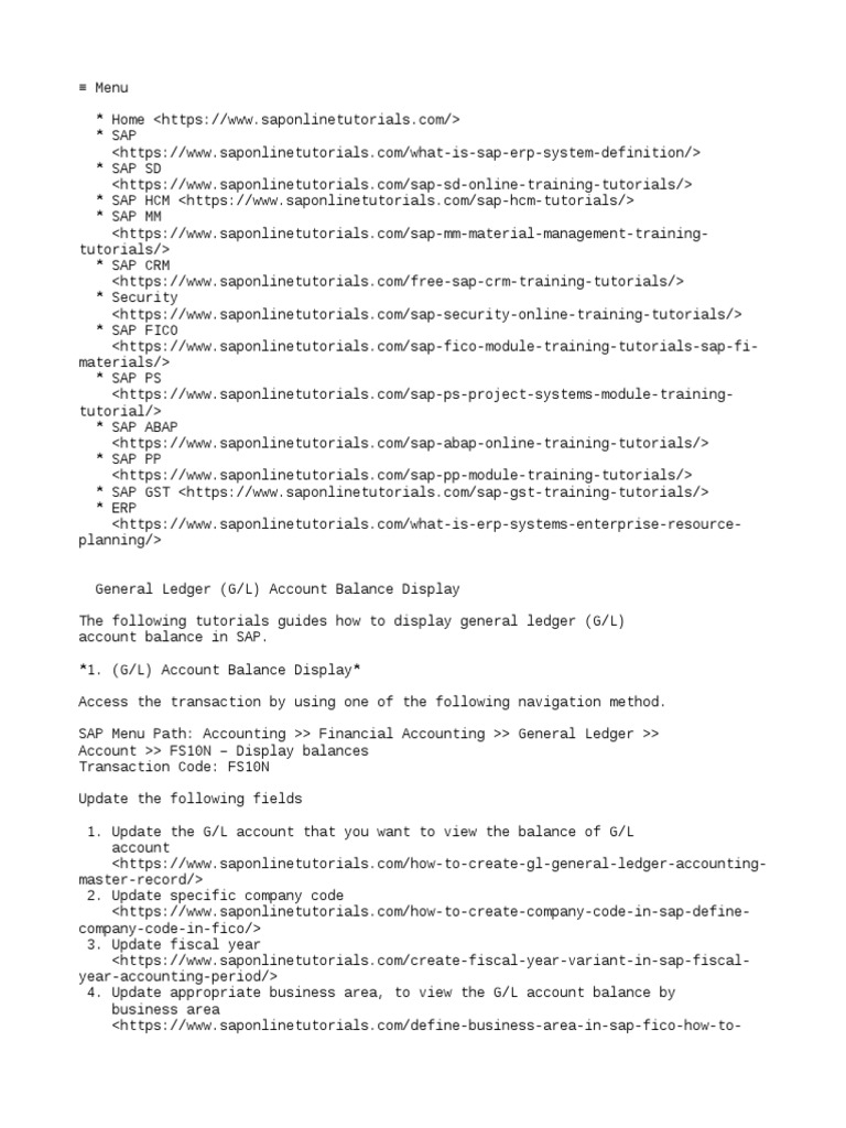 General Ledger (G - L) Account Balance Display - SAP Training Tutorials ...