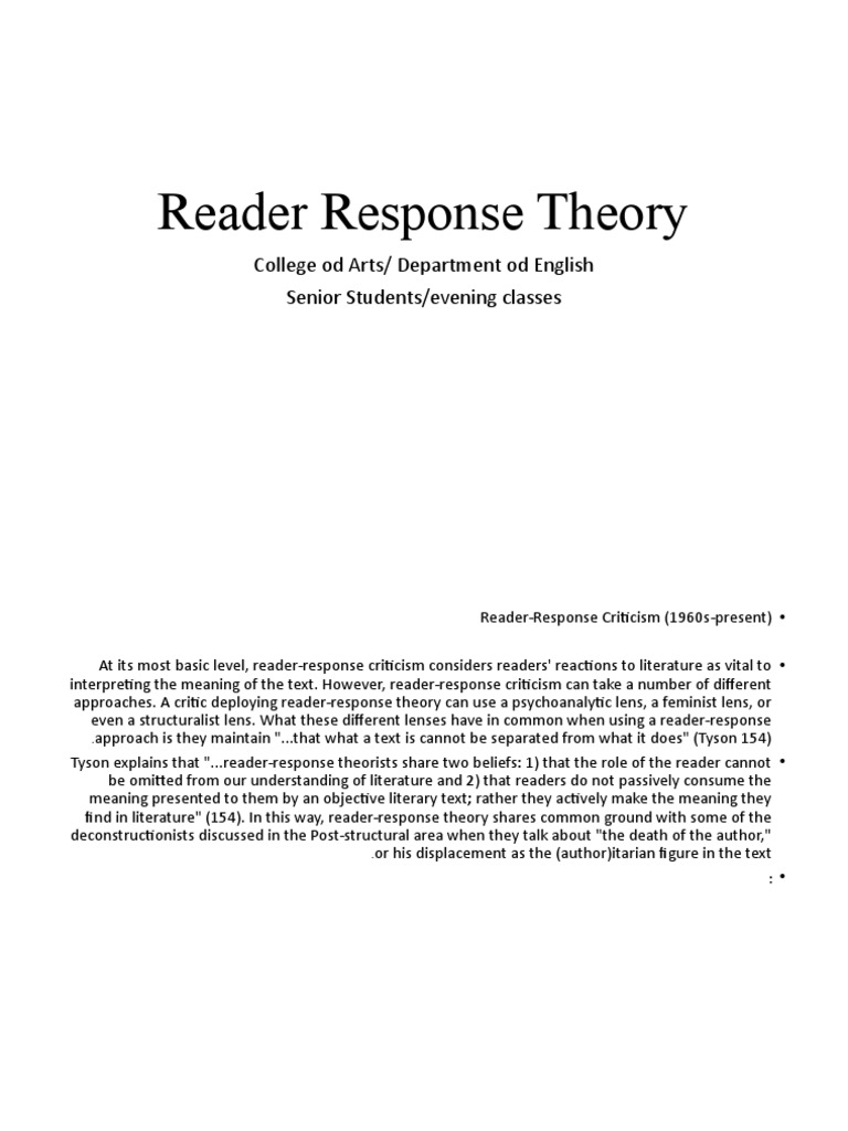 Reader Response Theory: College Od Arts/ Department Od English Senior ...