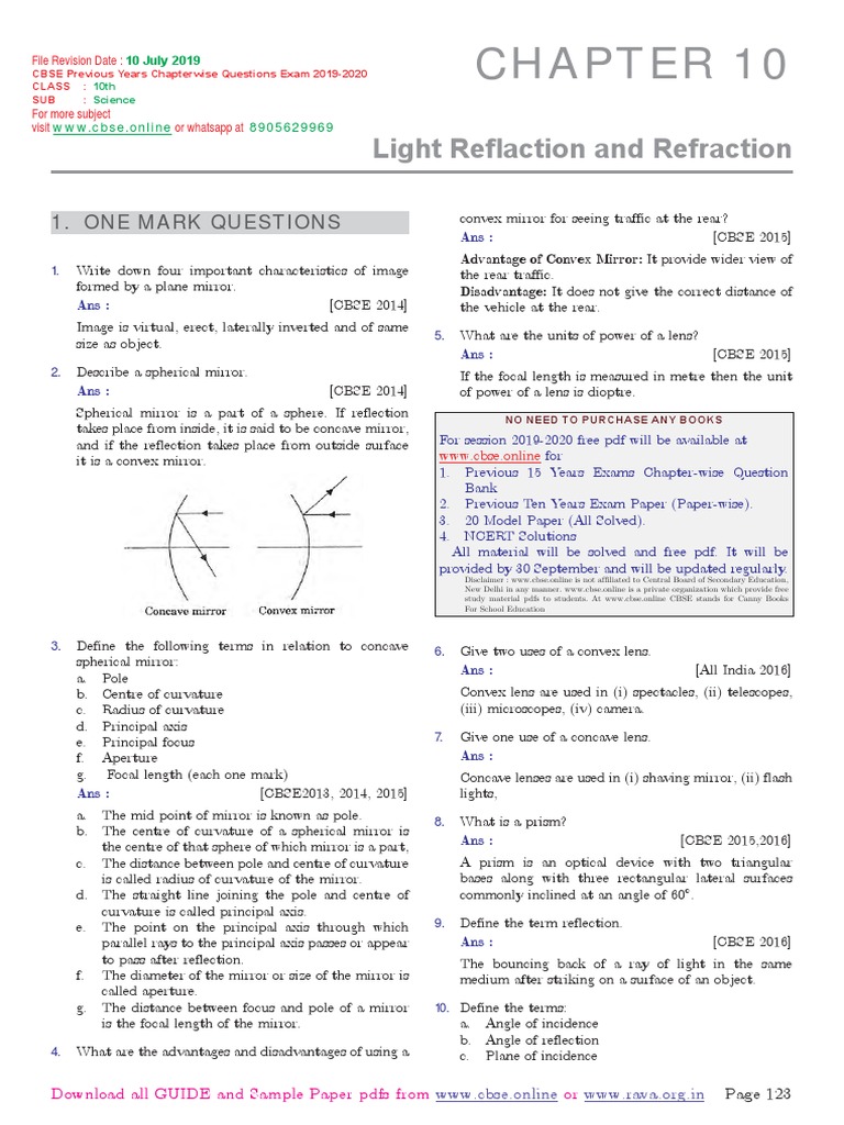 CBSE Class 10 Science: Light Guide | PDF | Refraction | Refractive Index