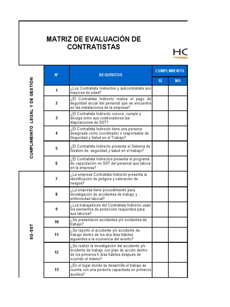 Matriz De Evaluación De Contratistas: N° Requisitos Cumplimiento SÍ NO ...