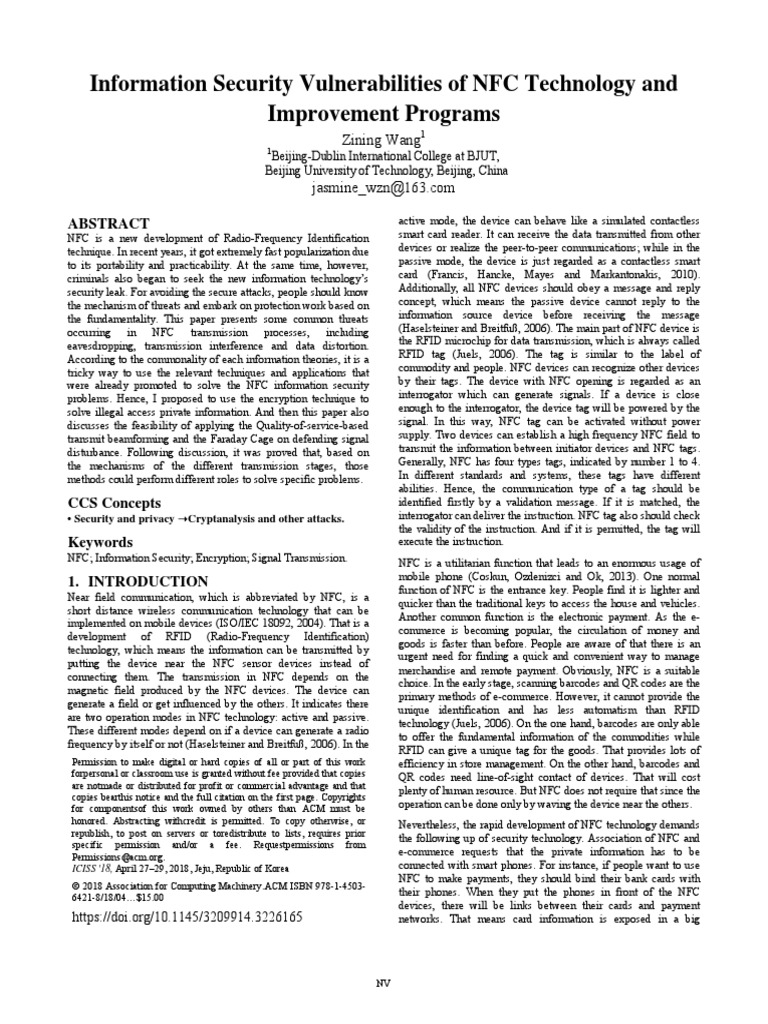 Information Security Vulnerabilities of NFC Technology and Improvement ...