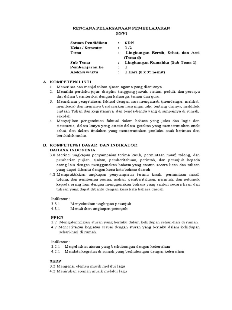 RPP Kelas 1 Tema 6 Sub Tema 1 PB 1 | PDF
