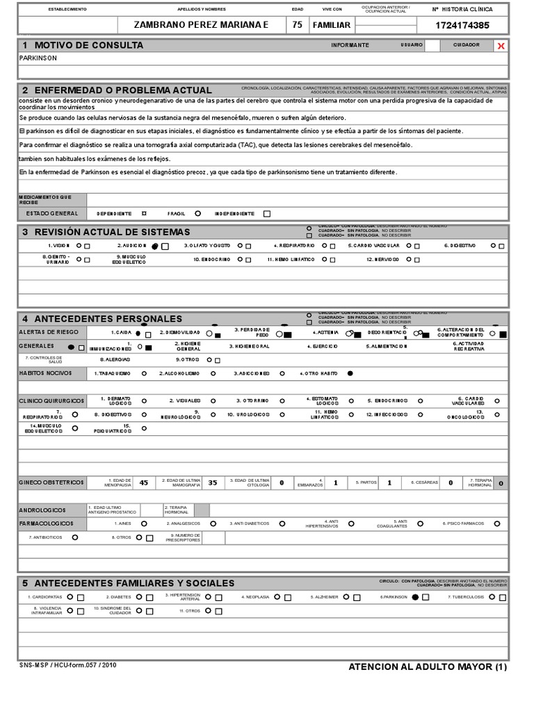 Form 057 Adulto Mayor Final 1 2 | PDF | Enfermedad de Parkinson | Microsoft Excel