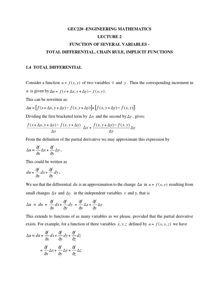 Gec220 Lecture 2 Total Differential Chain Rule Implicit Function PDF ...