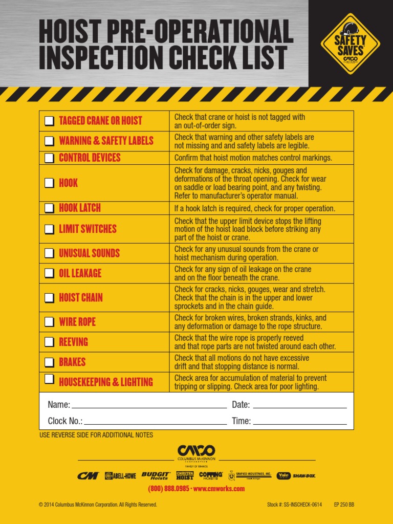 Hoist Pre-Operational Inspection Check List | PDF | Crane (Machine) | Rope