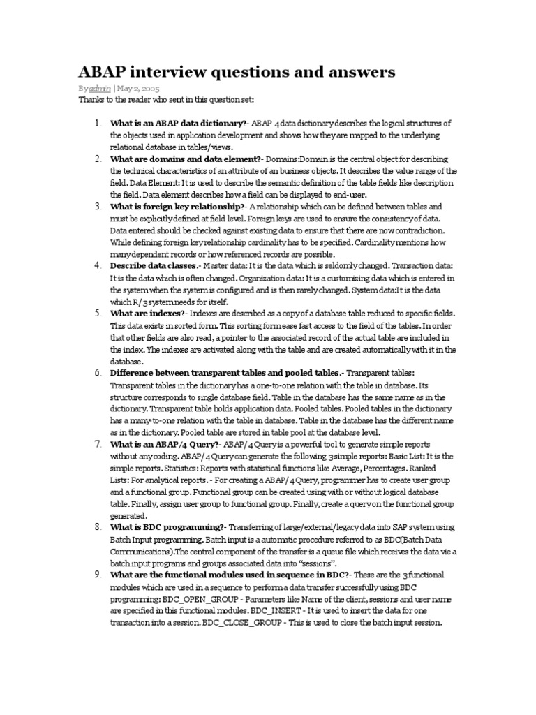 Abap Interview Questions And Answers Pdf Databases Database Index