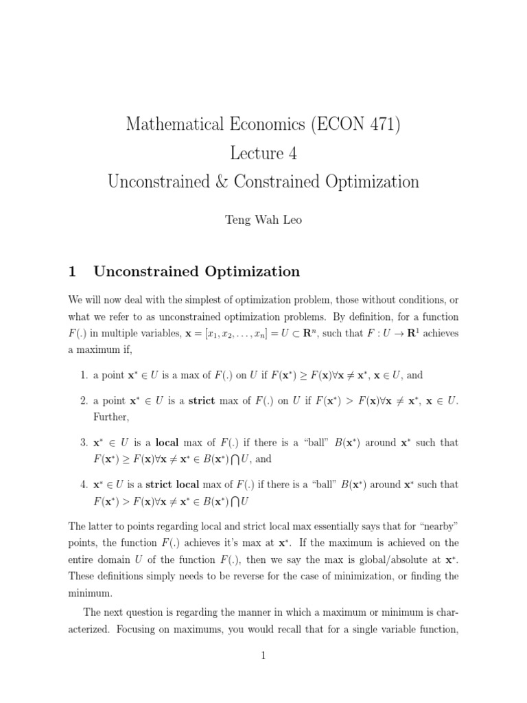 Mathematical Economics (ECON 471) Unconstrained & Constrained Optimization | PDF | Mathematical ...