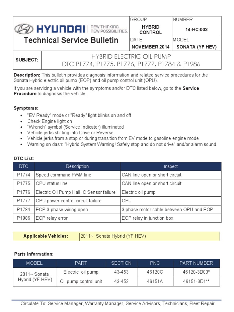 Technical Service Bulletin: Hybrid Electric Oil Pump DTC P1774, P1775 ...