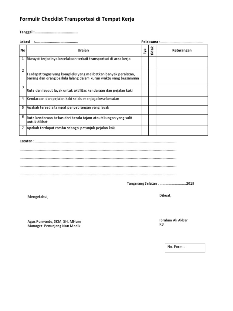 F-000 (Form Checklist Transportasi Area) | PDF