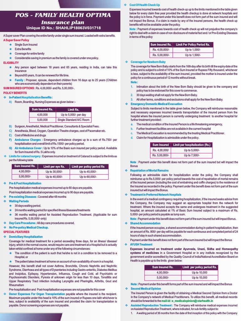 POS Family Health Optima Insurance Plan PDF | PDF | Insurance | Hospital