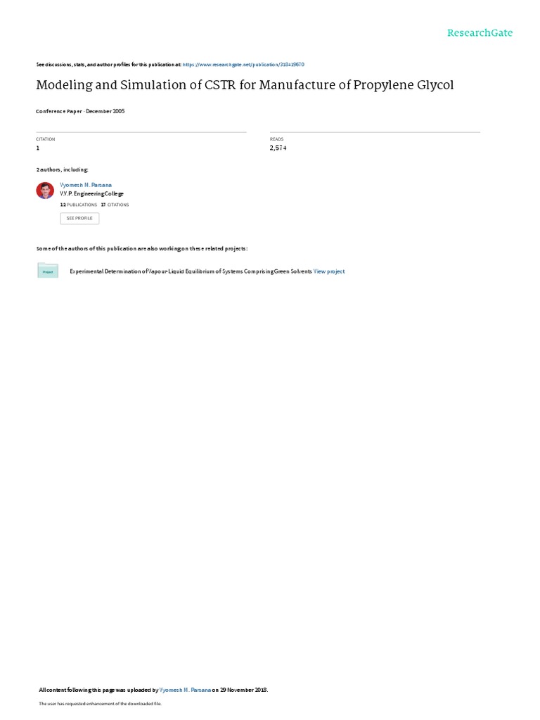 Modeling and Simulation of CSTR For Manufacture of Propylene Glycol ...