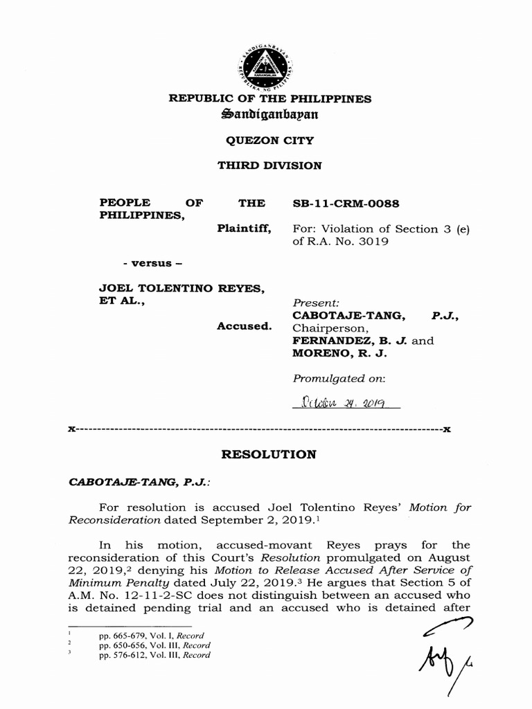 Resolution Denying Motion for Reconsideration of the Court's Prior ...