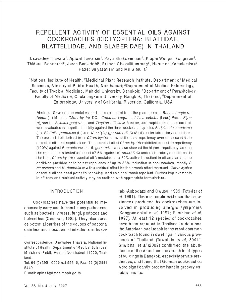 Thavara Repellent Activity of Essential Oils Cockroaches 2007 | PDF ...