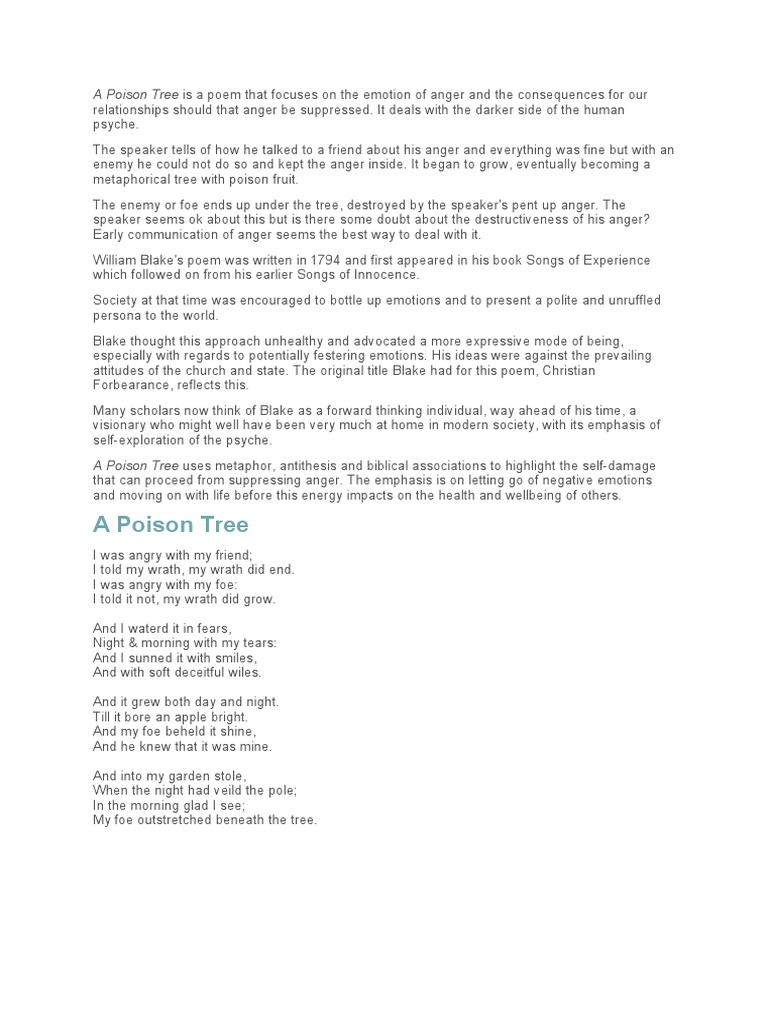 A Poison Tree: A Poison Tree Is A Poem That Focuses On The Emotion of ...