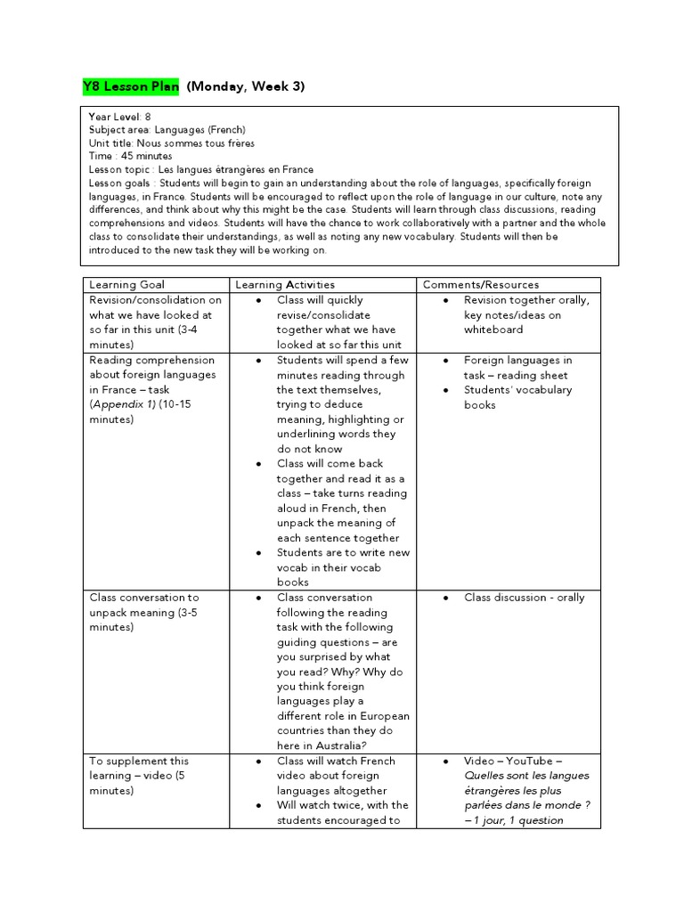 Y8 Lesson Plan (Monday, Week 3) | PDF | Reading Comprehension | Vocabulary