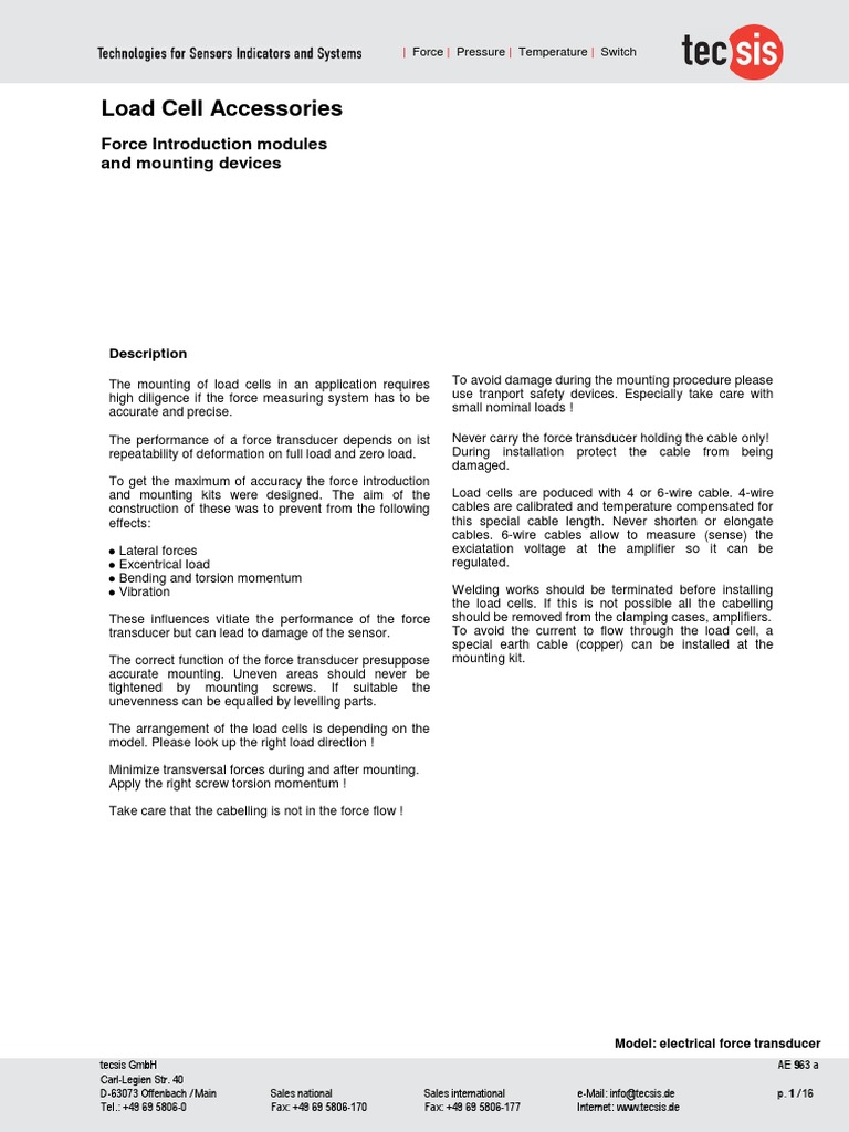 Ae963 Load Cell Tecsis | PDF | Electrical Connector | Manufactured Goods