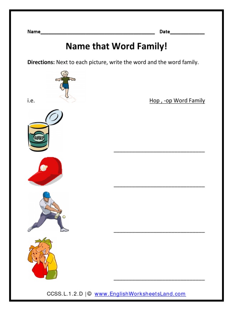 Name That Word Family!: Directions: Next To Each Picture, Write The ...
