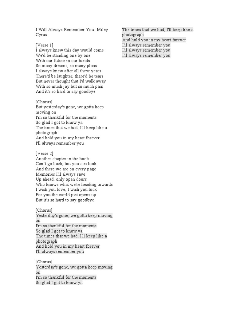 I Always Remember You - Miley Cyrus Lyrics | PDF