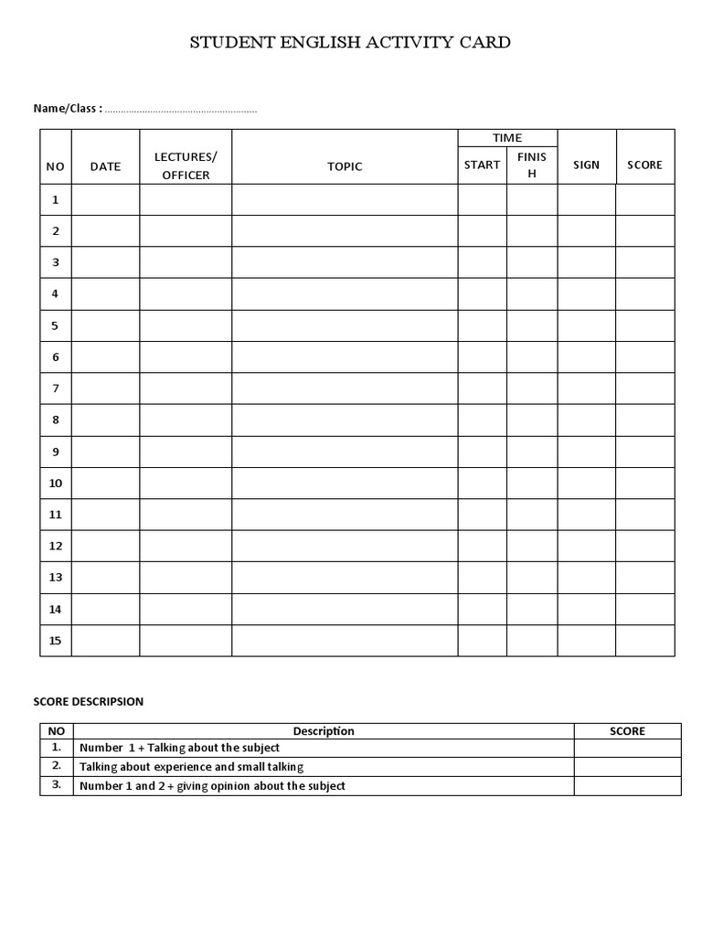 Student English Activity Card | PDF