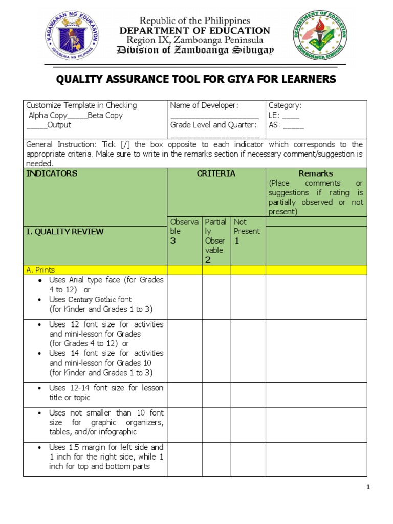 Quality Assurance Tool For Giya For Learners: Indicators Criteria ...