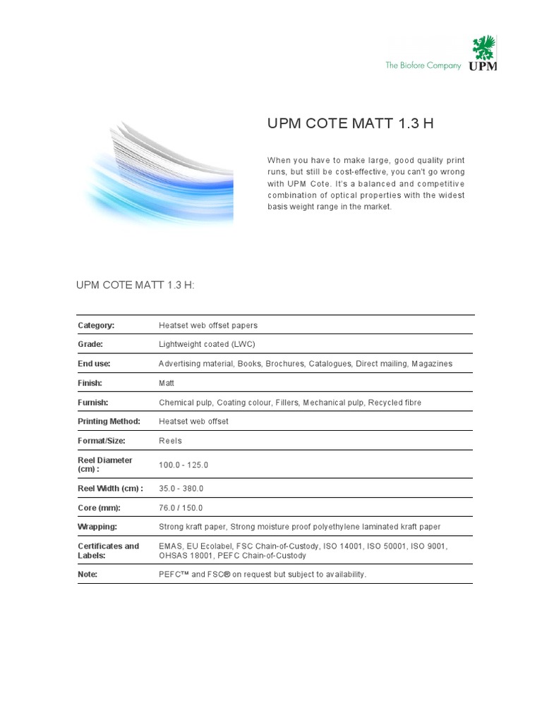 UPM Cote Matt 1.3 H | PDF | Pulp (Paper) | Paper
