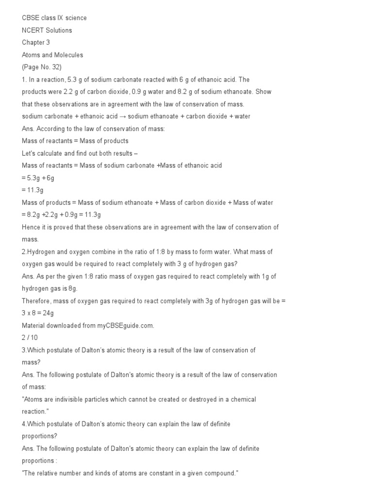 Class 9 Science Chapter 3 | PDF | Mole (Unit) | Molecules