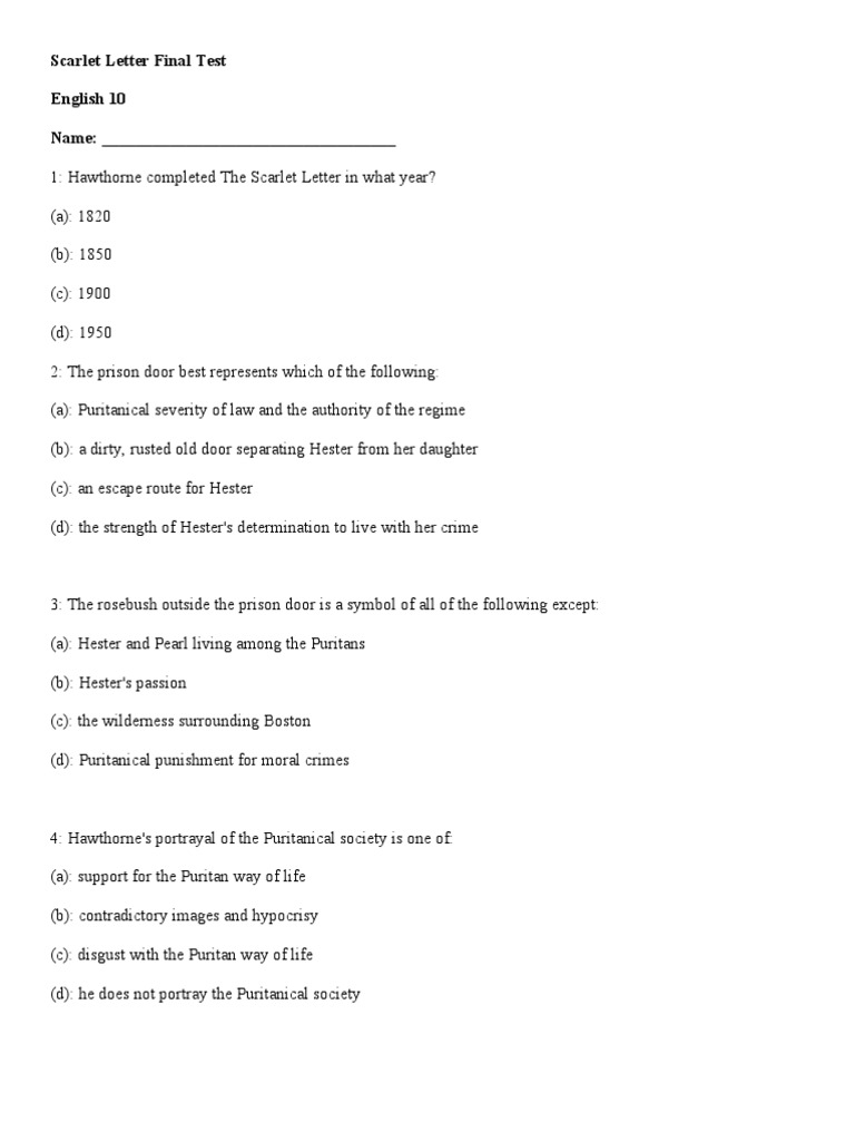 Scarlet Letter Final Test Review | PDF | The Scarlet Letter | Nathaniel ...