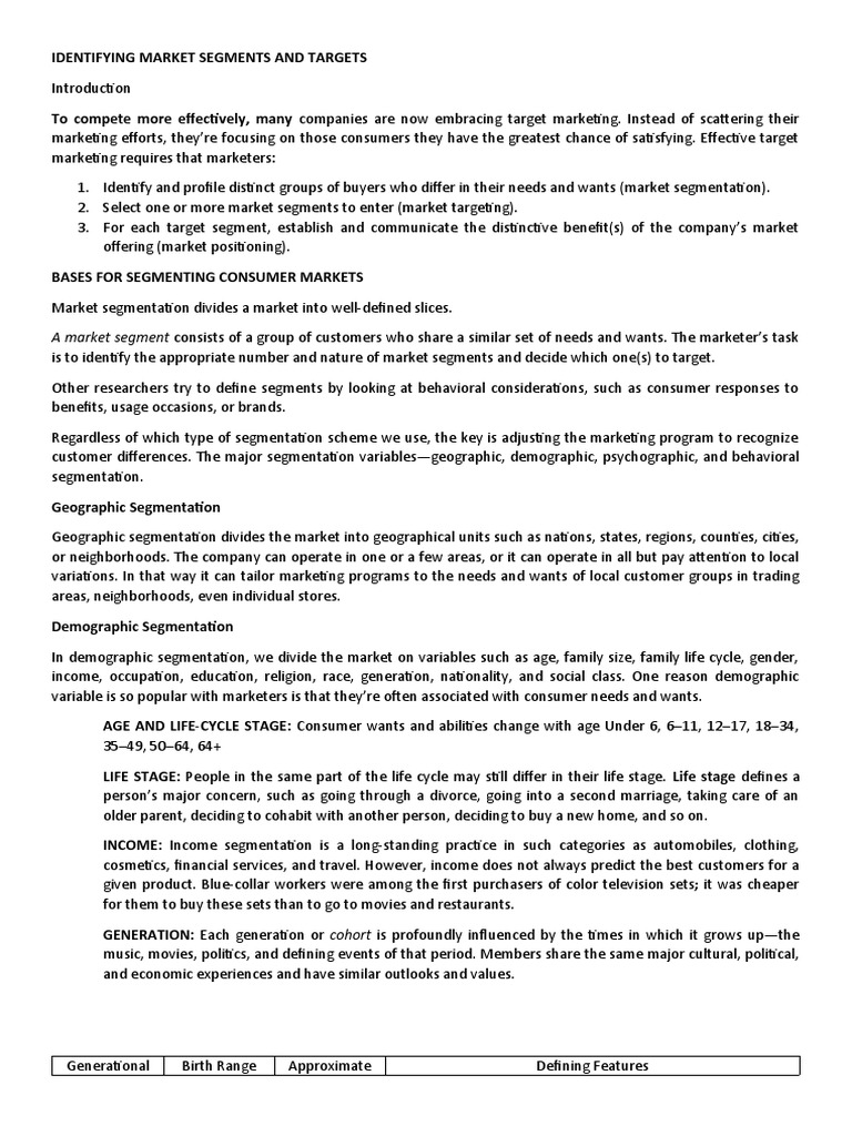 Identifying Market Segments and Targets | PDF | Market Segmentation ...