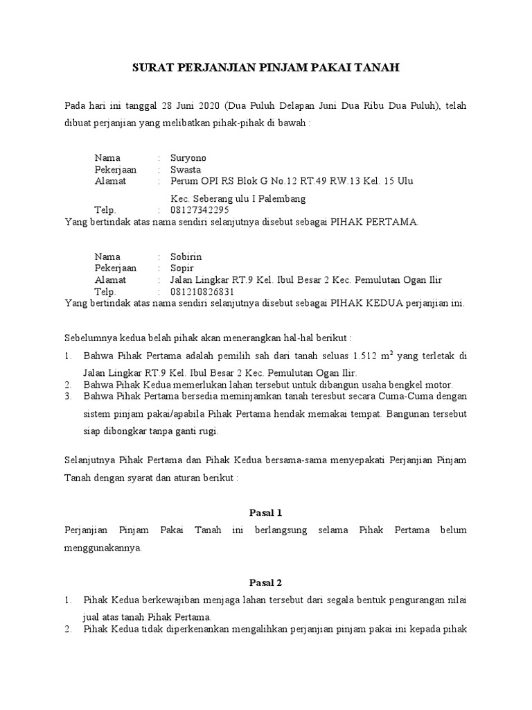 Surat Perjanjian Pinjam Pakai Tanah | PDF