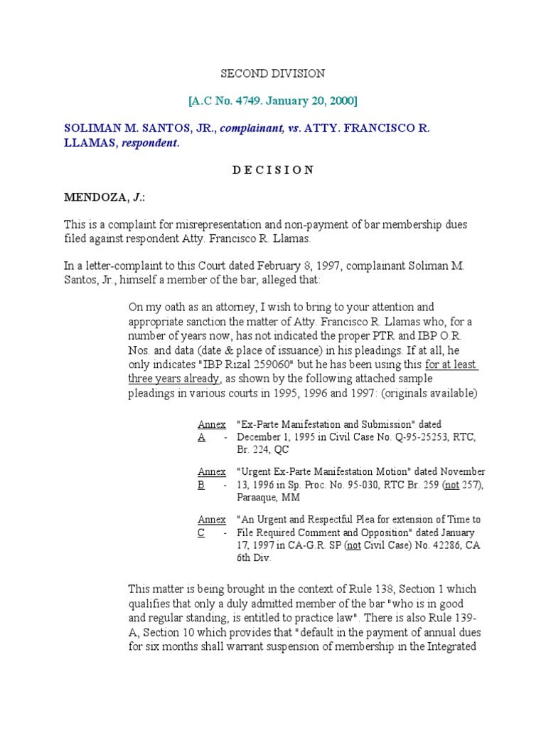 SOLIMAN M. SANTOS, JR., Complainant, vs. ATTY. FRANCISCO R. LLAMAS ...
